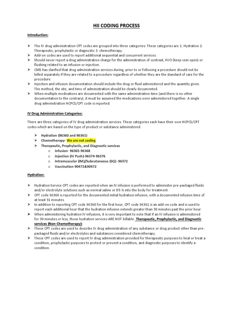 HII Coding Process Guide | PDF | Intravenous Therapy | Injection (Medicine)