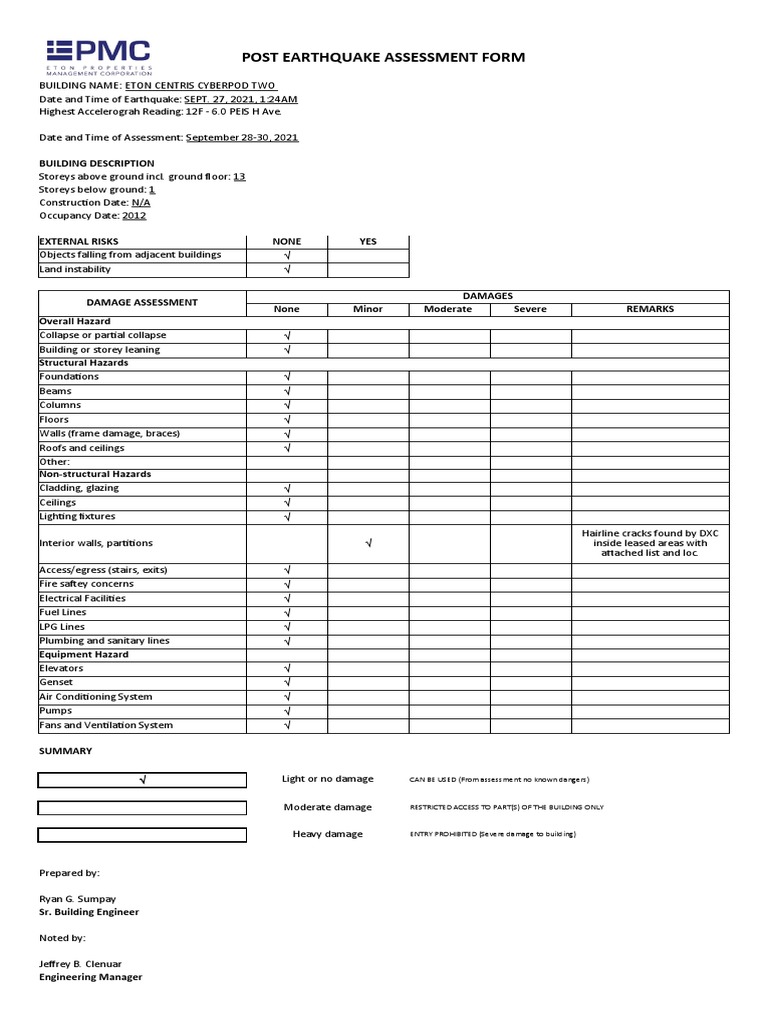 Post Earthquake Assessment Form | PDF