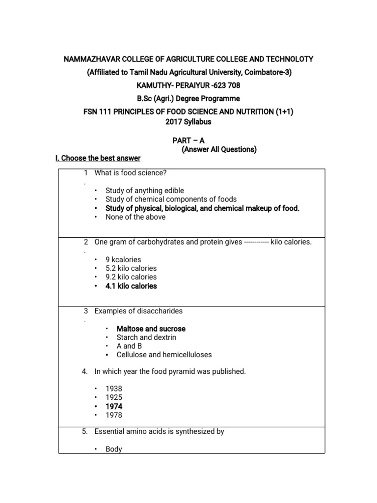Food Science and Nutrition Exam Guide | PDF | Nutrition | Diet & Nutrition