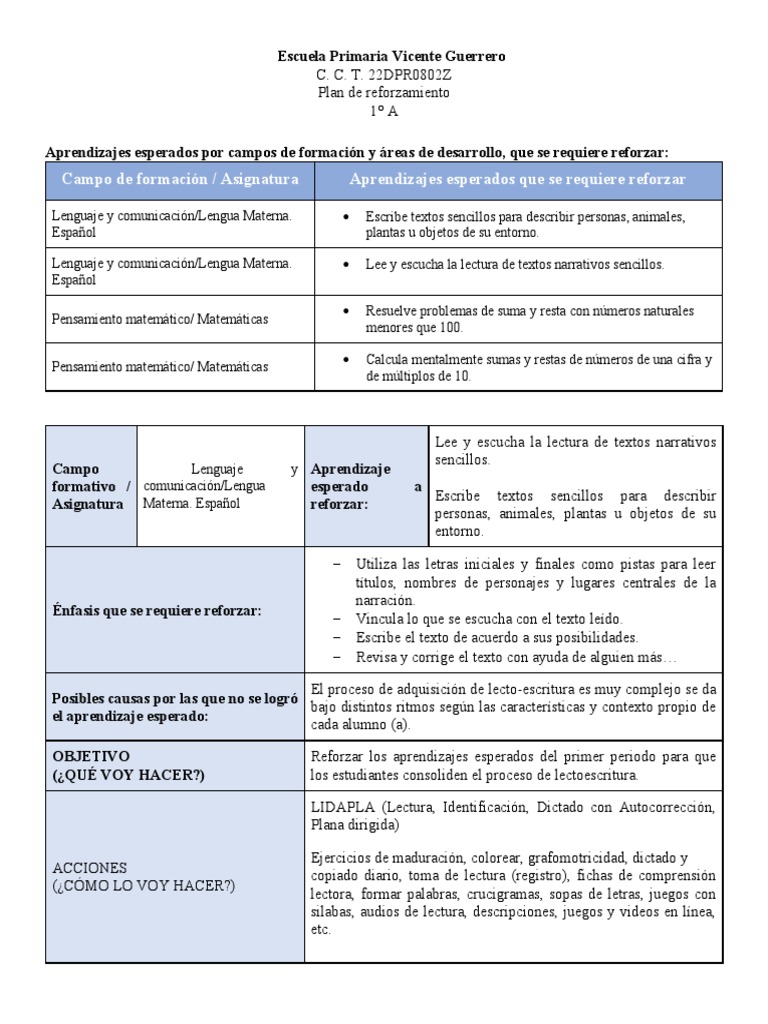 Plan De Reforzamiento Pdf Aprendizaje Pensamiento