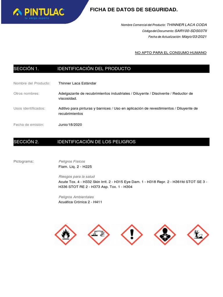 Msds. Thinner Laca Cod. 1030-Tn 1030-Gl 1030-Cu | PDF