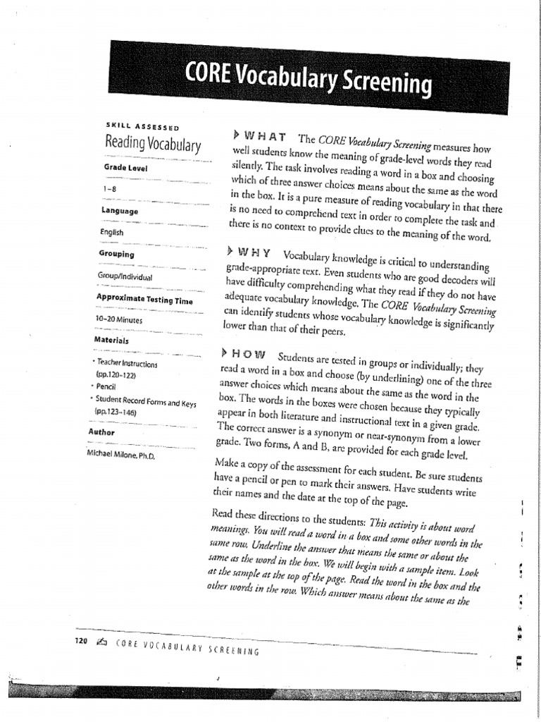 Core Vocabulary Screening | PDF
