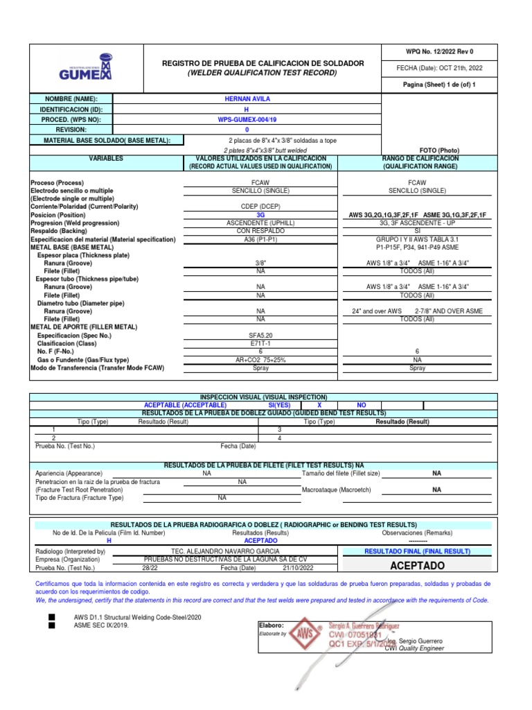 WPQ 12-2022 3G Fcaw | PDF