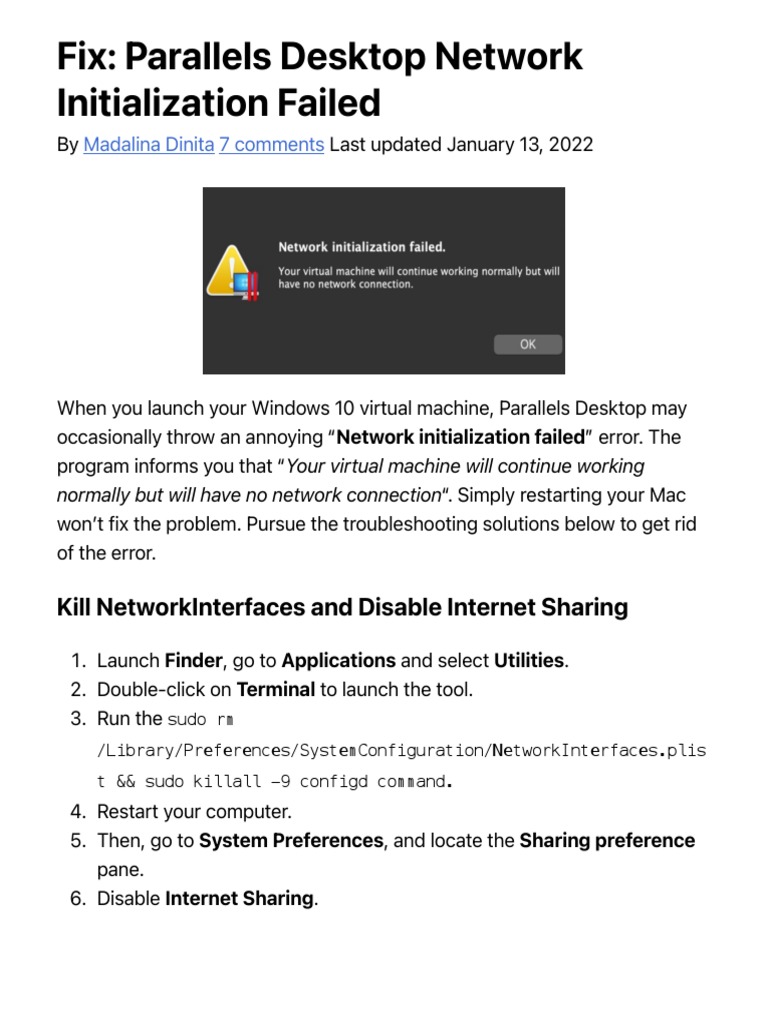 Fix: Parallels Desktop Network Initialization Failed - AppleToolBox | PDF