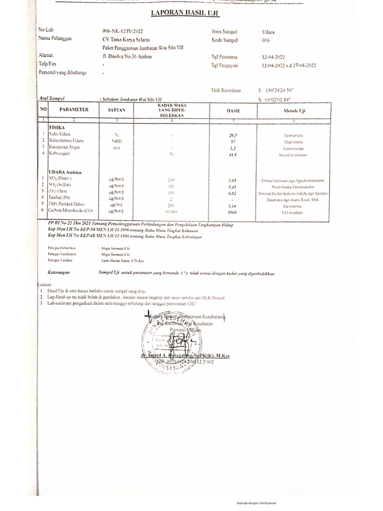 Contoh Laporan Hasil Uji Lingkungan 1 | PDF