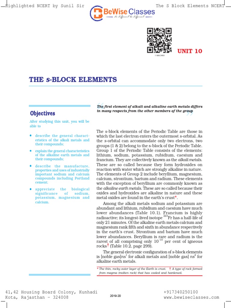 The S Block Elements NCERT Highlighted PDF White | PDF