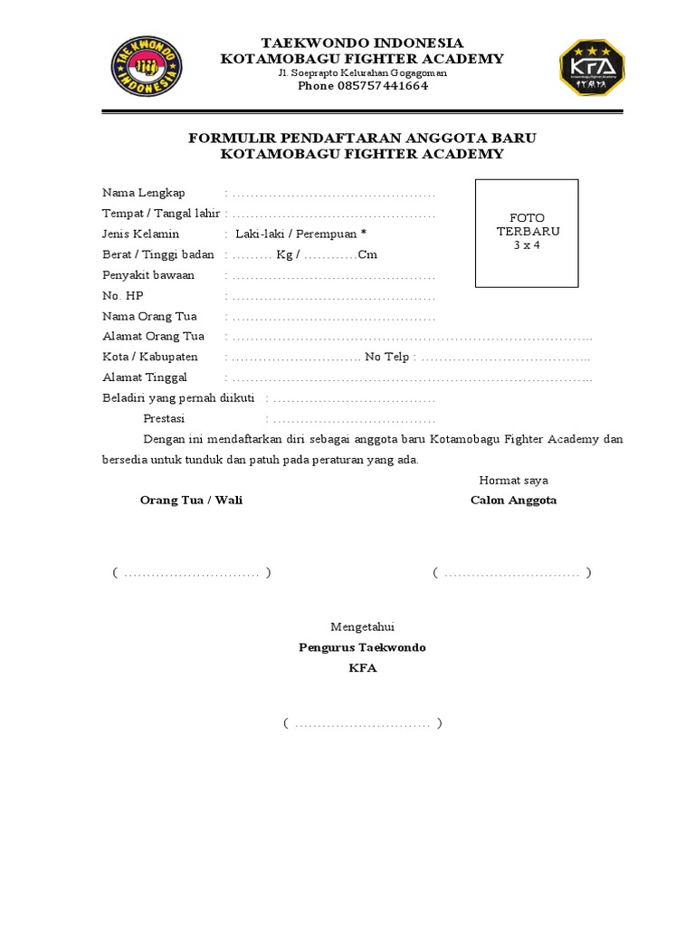 Formulir Pendaftaran Anggota Baru Taekwondo | PDF