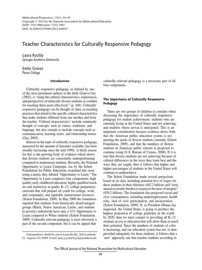 Teacher Characteristics For Culturally Responsive Pedagogy | PDF