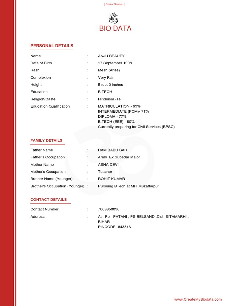 ANJU BEAUTY - Biodata | PDF