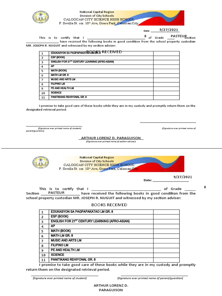 Books Acknowledgment Receipt SAMPLE | PDF