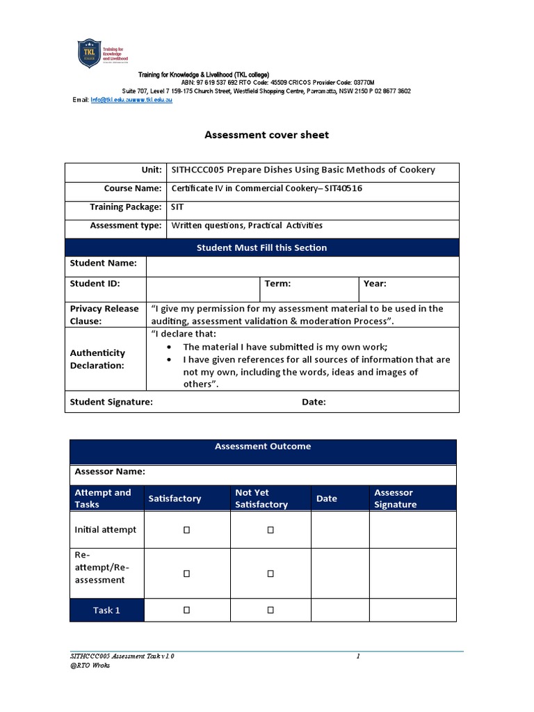 TKL College SITHCCC005 Assessment Guide | PDF