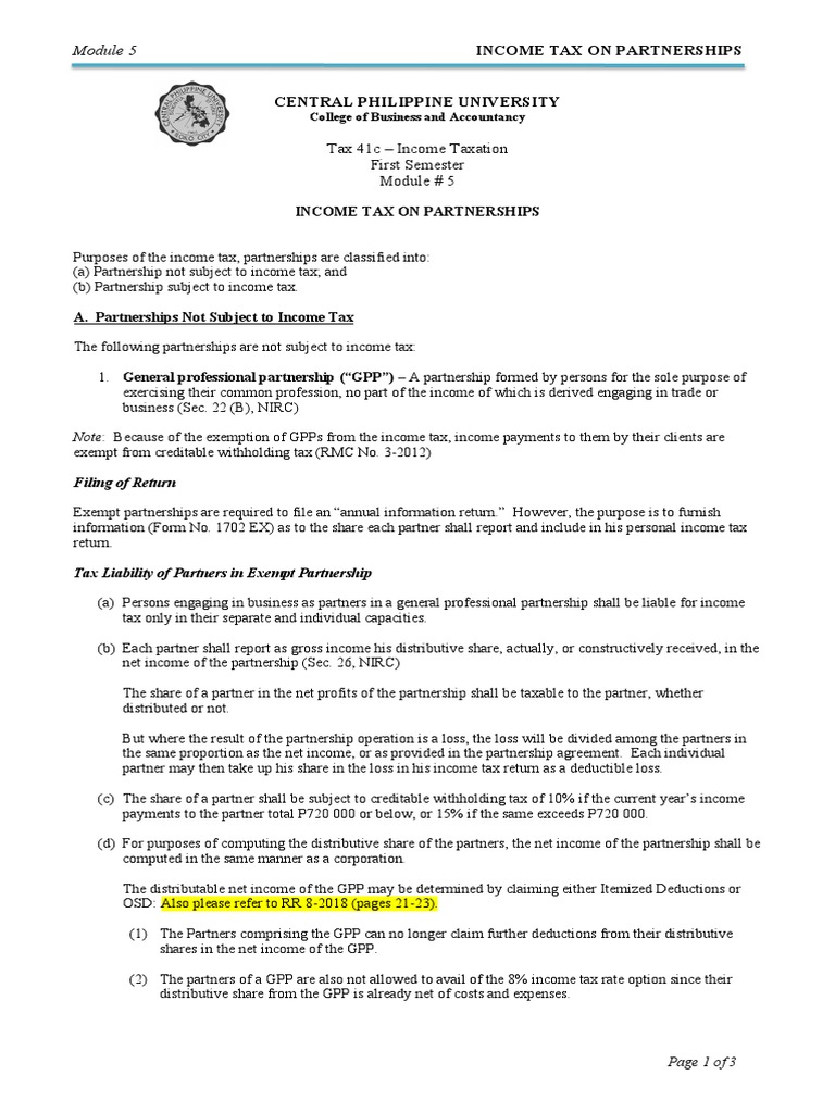 Module 5 - Income Tax On Partnerships | PDF | Partnership | Tax Deduction