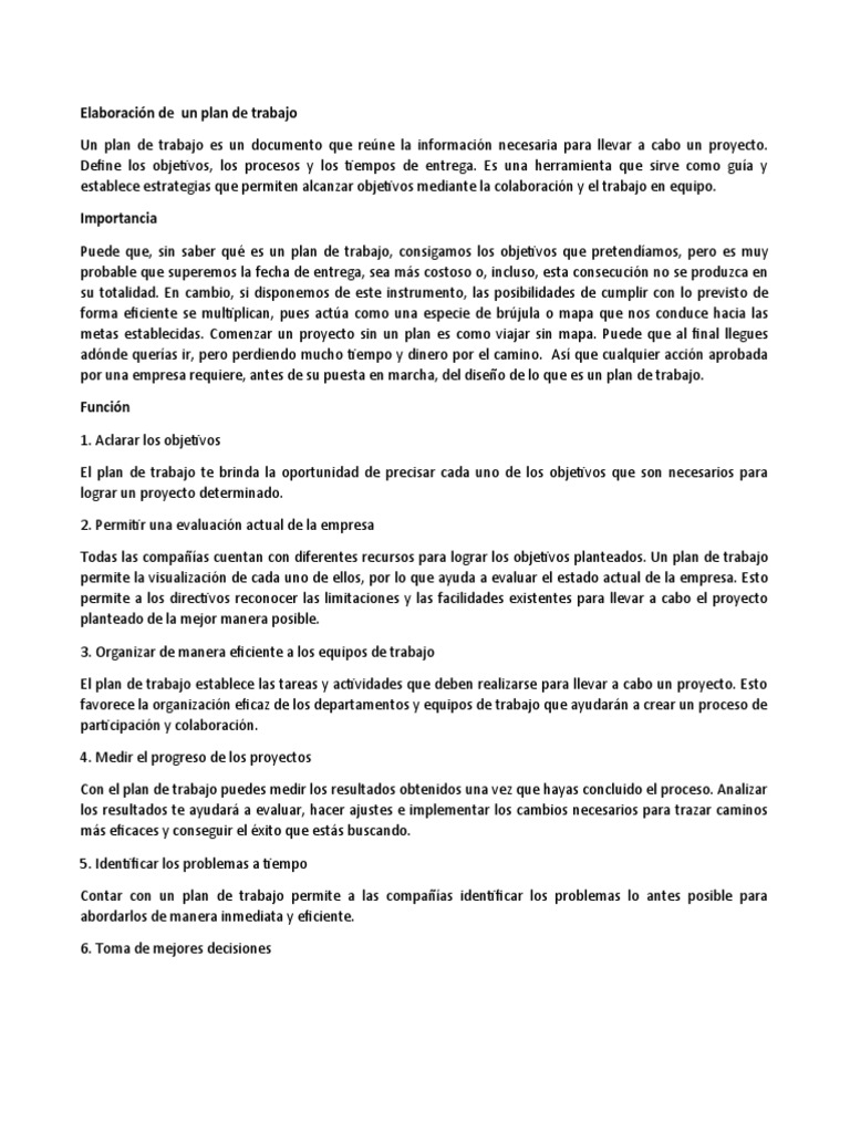 Elaboración De Un Plan De Trabajo Pdf Presupuesto Business