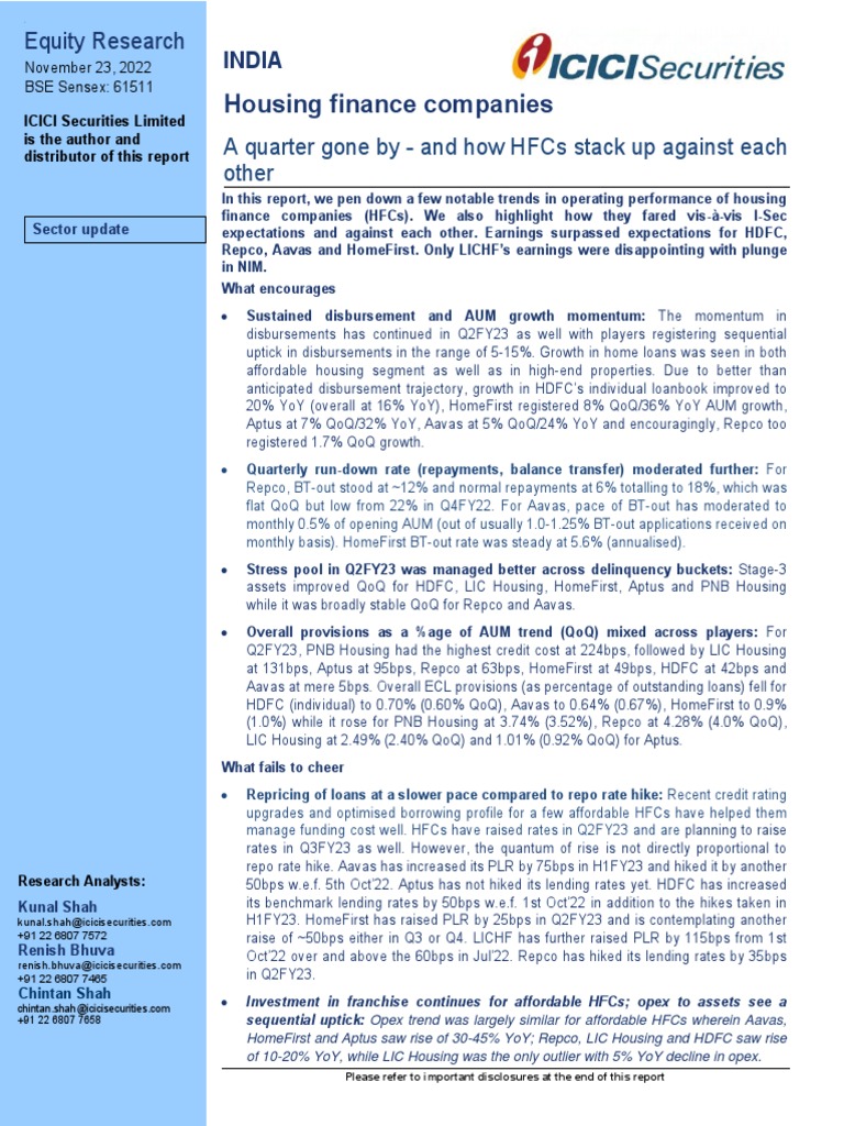 Housing Finance Companies: A Quarter Gone by - and How Hfcs Stack Up Against Each Other | PDF ...