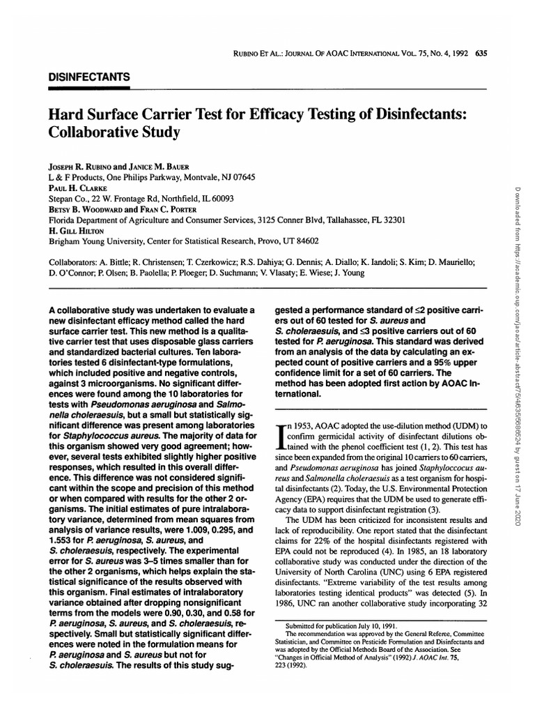 Hard Surface Carrier Test For Efficacy Testing Of Disinfectants Pdf