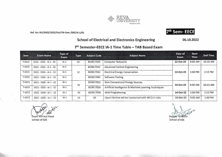 IA-1 Time Table - 7th Sem EECE-TAB - Oct-2022 | PDF