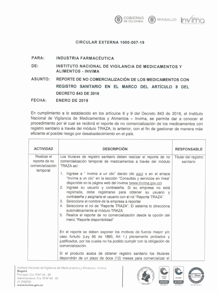 Circular 1000-007-19 Reporte No Comercialización | PDF