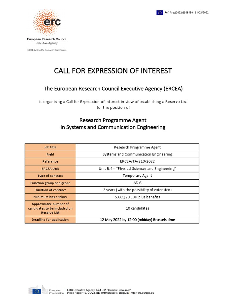 Call For Expression of Interest - ERCEA TA 210 2022 | PDF | European ...