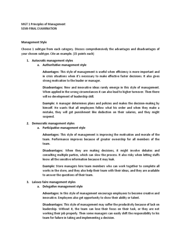 MGT 1 Principles of Management - Semi-Final Exam | PDF