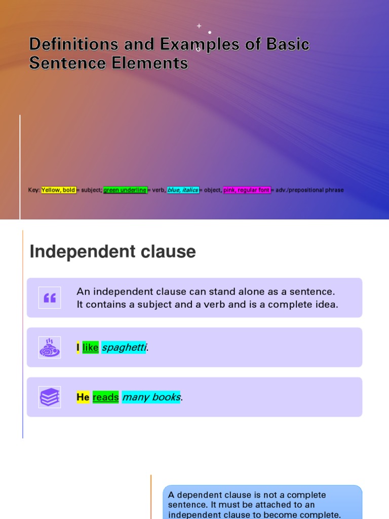 Definitions and Examples of Basic Sentence Elements | PDF | Verb | Clause