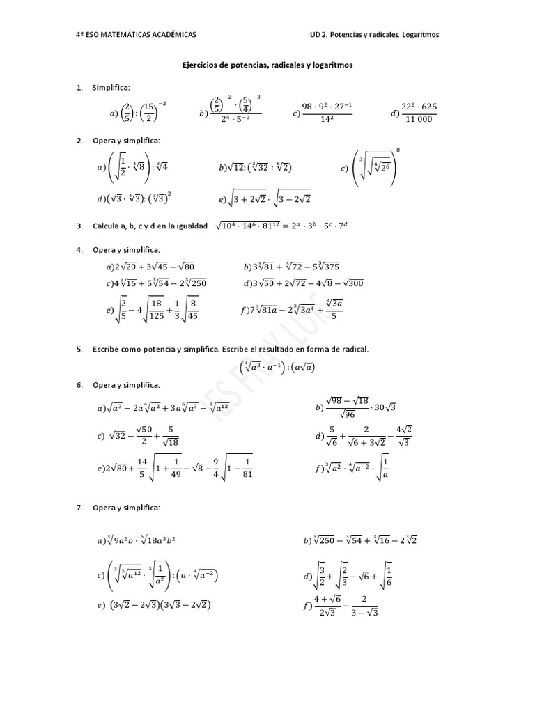 Ud 2 - Ejercicios de Potencias-Radicales y Logaritmos | PDF | Logaritmo | Matemáticas