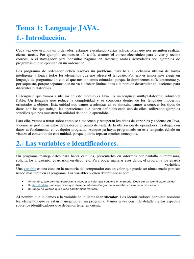 T1 Lenguaje JAVA Explicado | PDF | Lenguaje de programación | Tipo de datos