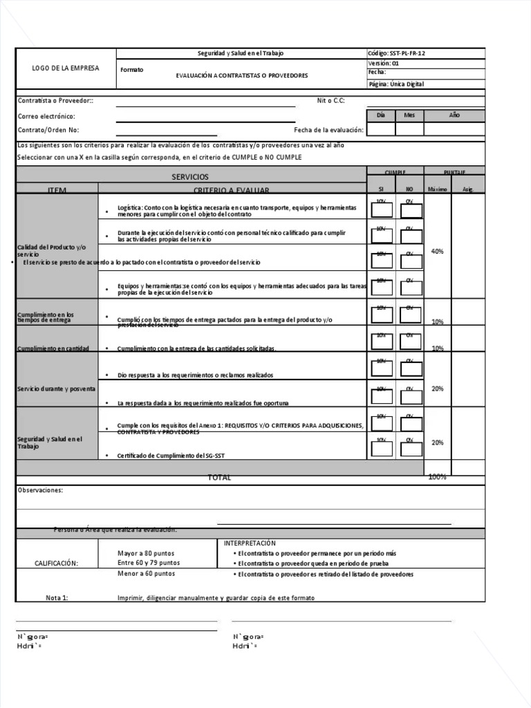 PDF Formato Evaluacion de Proveedores Contratistas | PDF PDF Formato Evaluacion de Proveedores Contratistas | PDF