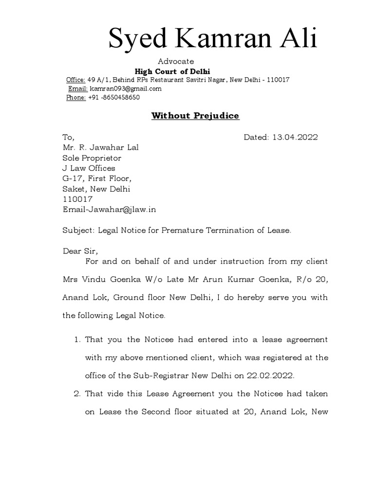 Legal Notice For Termination of Tenancy (1) Syed Kamran Ali, Advocate | PDF
