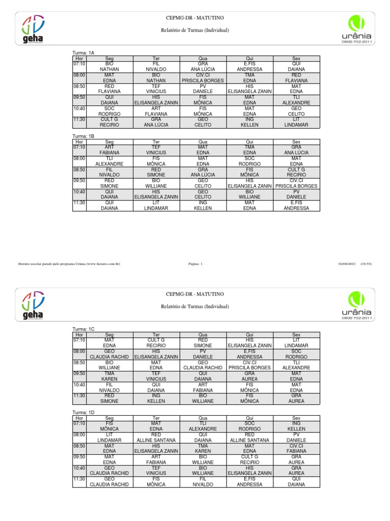 Horario Matutino Aluno Gr8 | PDF
