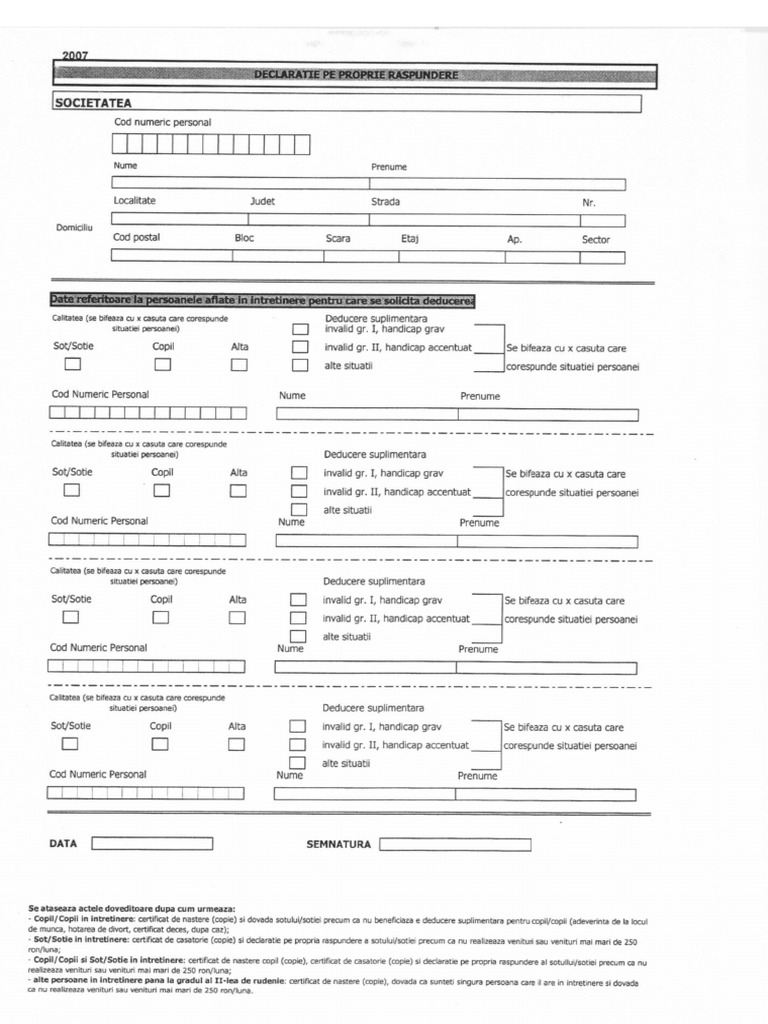 Declaratie Persoane in Intretinere | PDF