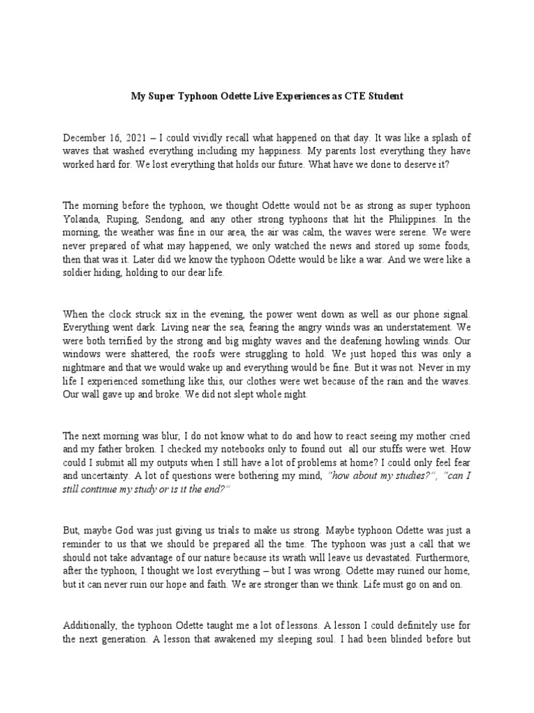 ESSAY About My Experience in Super Typhoon Odette | PDF | Wellness