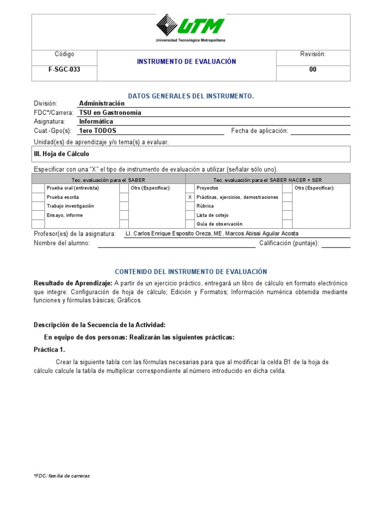 Instrumento de evaluación para la asignatura de Informática en Gastronomía sobre el uso de hojas ...