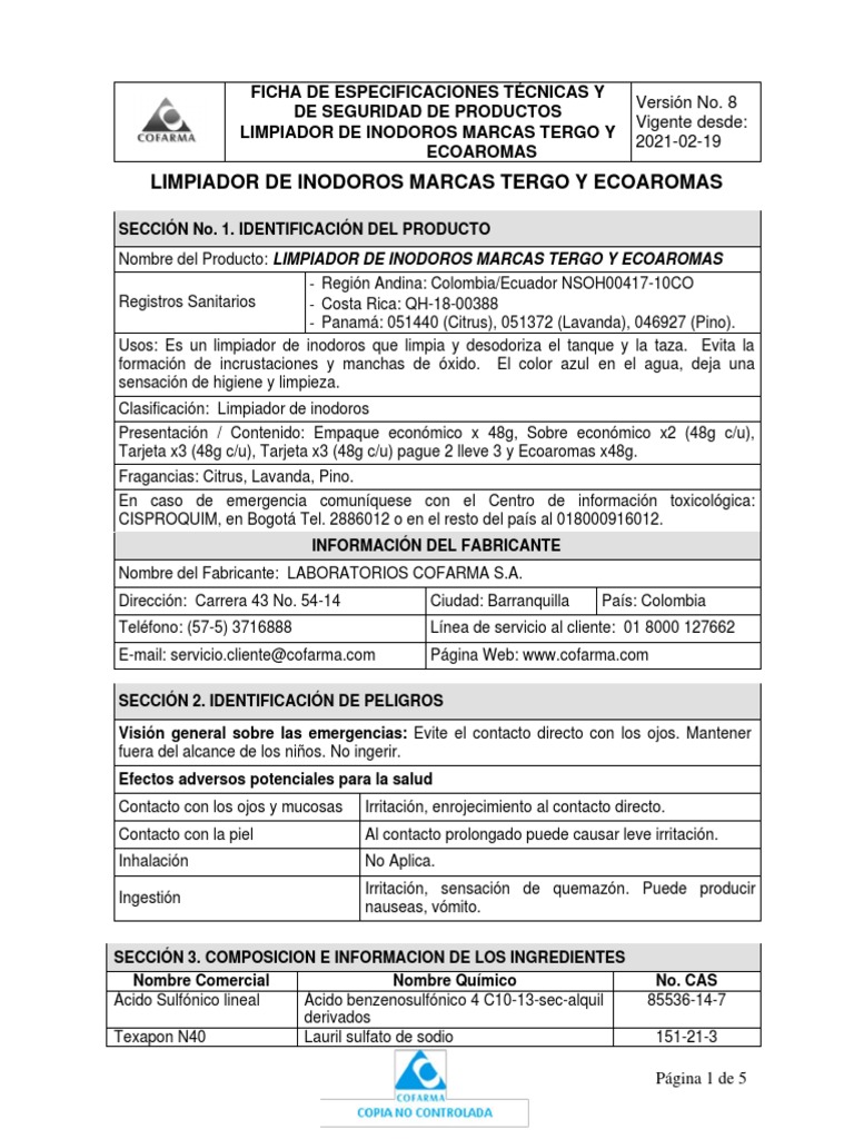 MSDS Tergo Glop V8 | PDF | Agua | Residuos