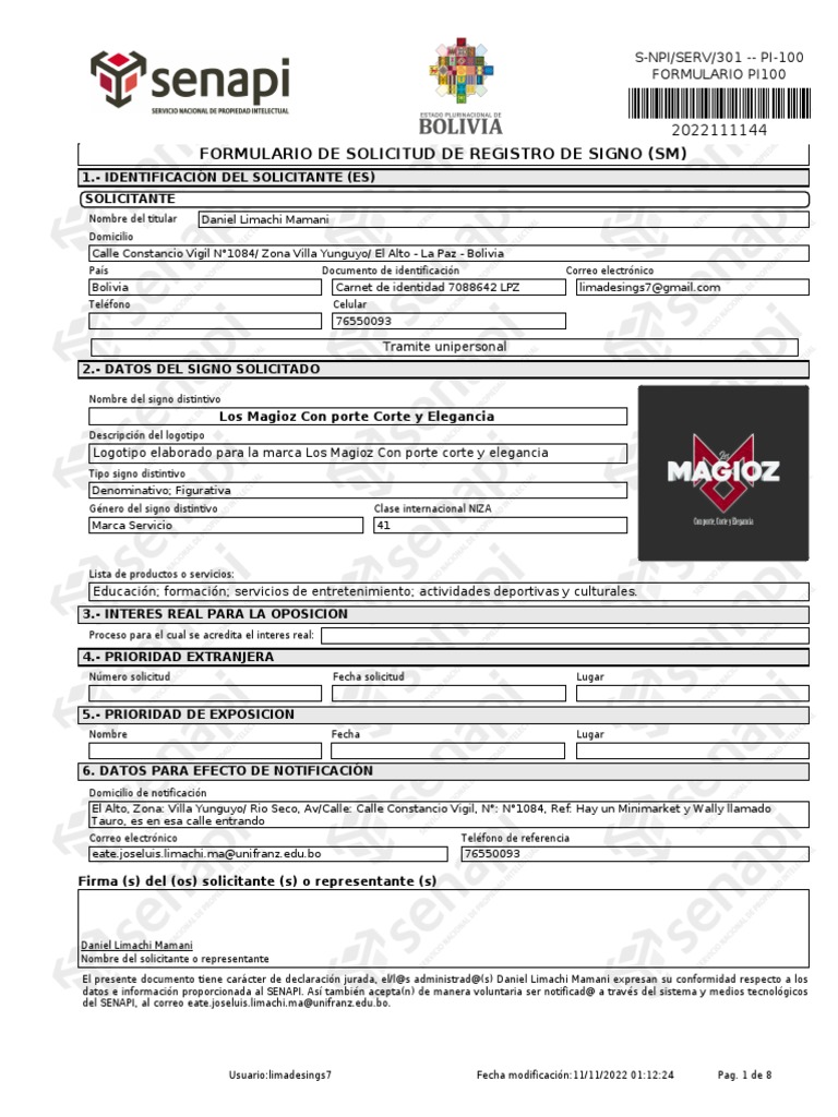 Formulario de Solicitud de Registro de Signo (SM) : Tramite Unipersonal | PDF