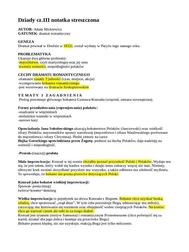 Dziady CZ III Notatka Skondensowana | PDF