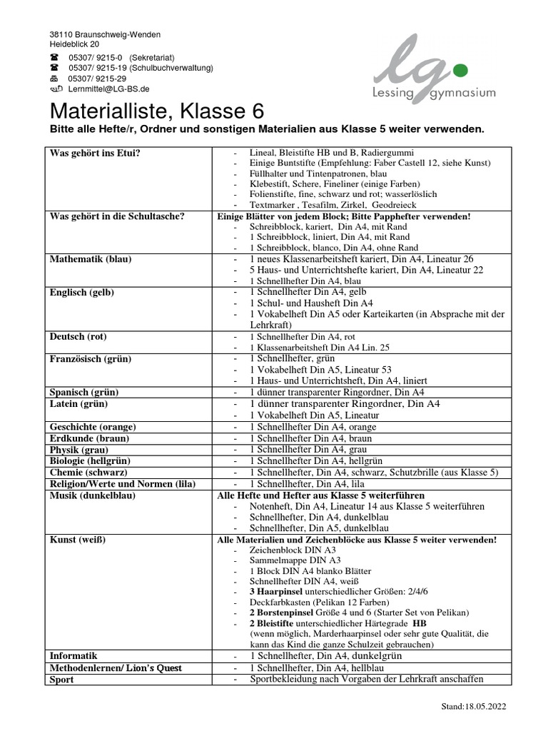 Materialliste Jg-6 | PDF