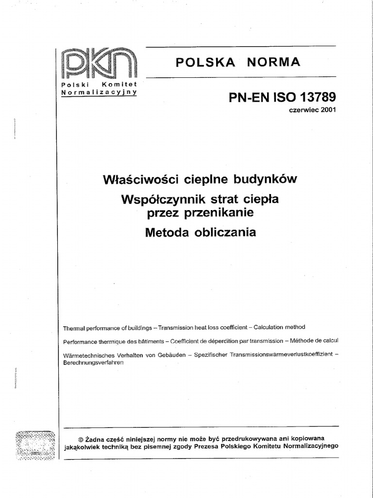 PN-EN ISO 13789 - 2001 Właściwości Cieplne Budynków. Współczynnik Strat ...