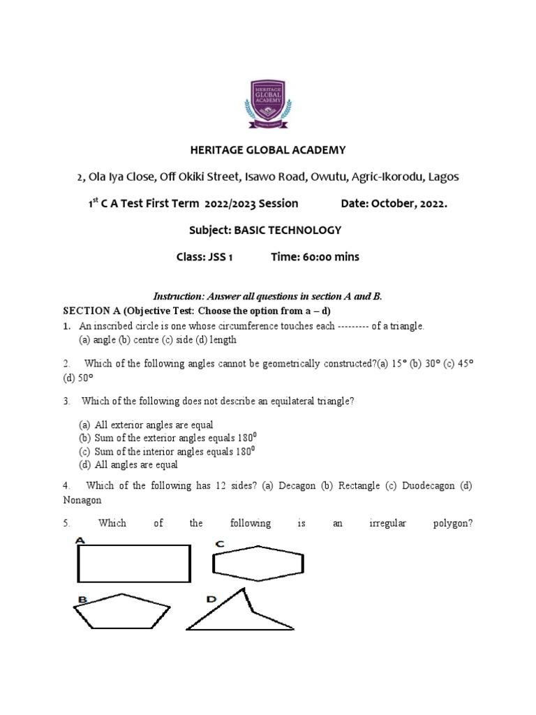 Basic Tech Jss 2 1st CA Test First Term 2022 | PDF | Triangle | Circle