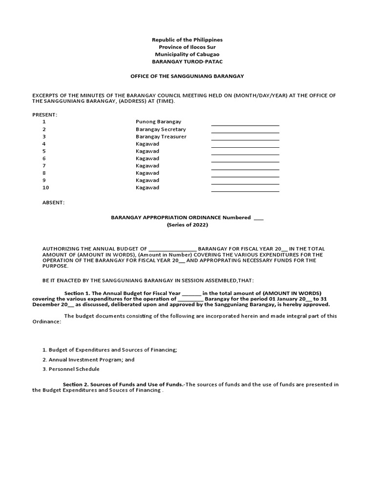 Barangay Turod-Patac Annual Budget for Fiscal Year [YEAR] | PDF ...