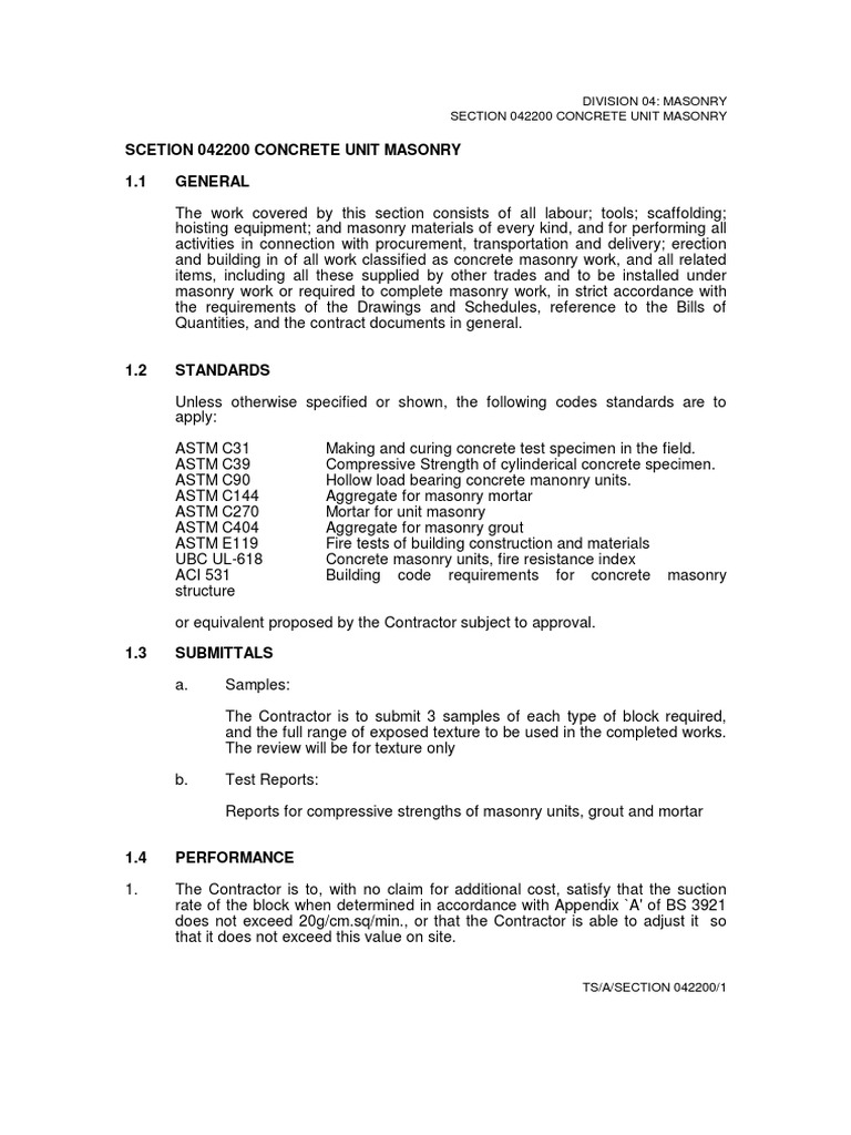 Concrete Unit Masonry Specifications | PDF | Technology & Engineering