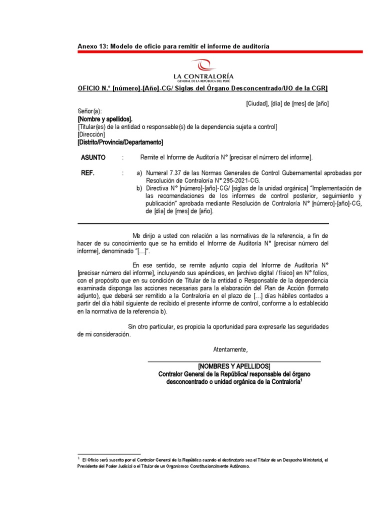 Anexo 13 - Modelo de Oficio para Remitir El Informe de Auditoría | PDF