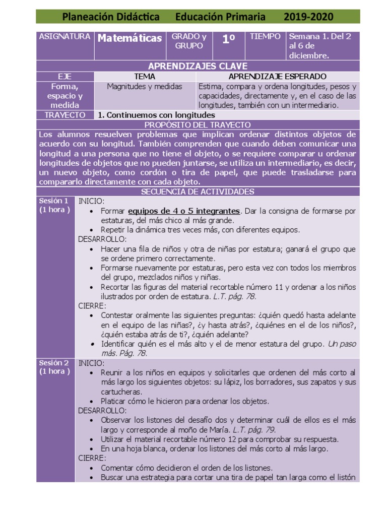 Planeación 1er Grado Matemáticas (2019-2020) | PDF | Educación primaria ...