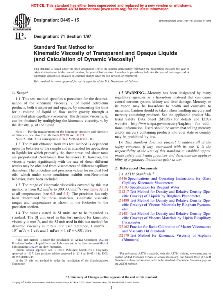 Standard Test Method For Kinematic Viscosity of Transparent and Opaque ...