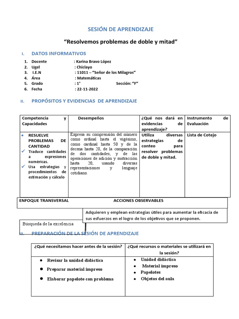 Sesión de Aprendizaje Resolvemos Problemas de Mitad y Doble - 22!11!22 | PDF | Aprendizaje ...