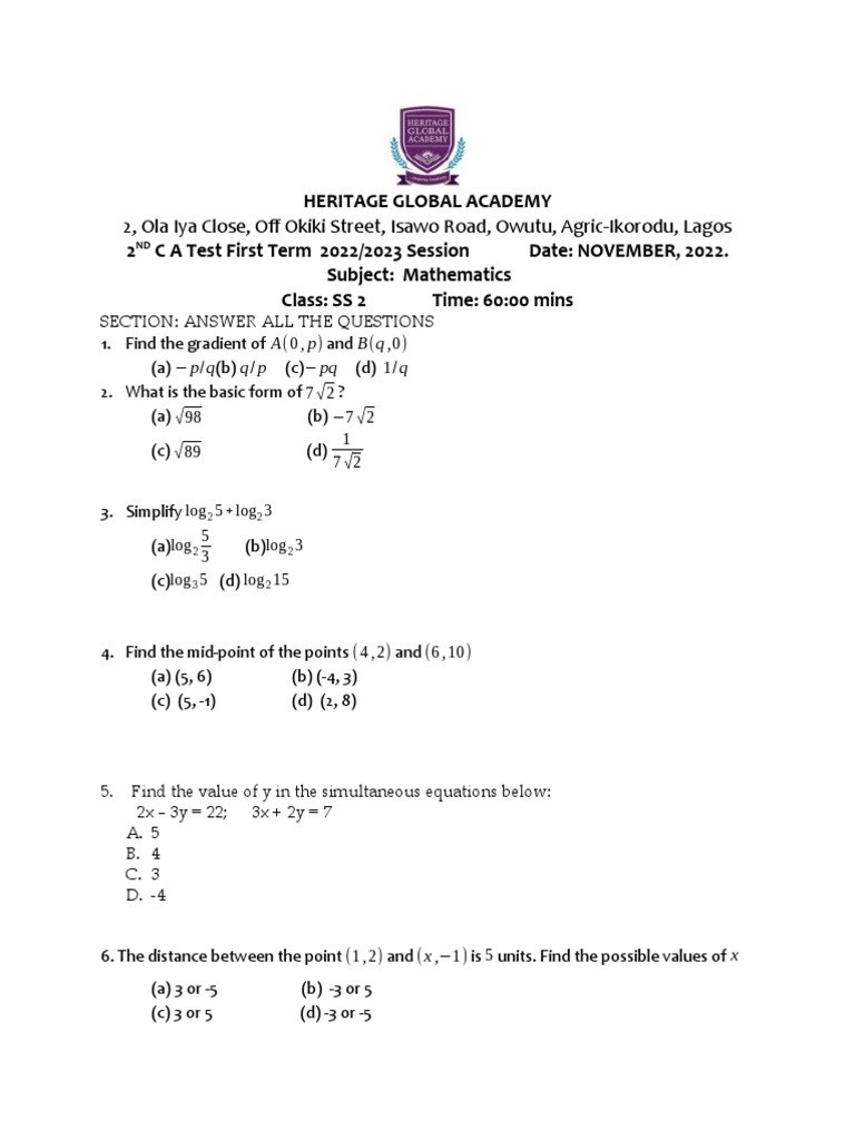 SS2 Mathematics Test Questions 2022 | PDF | Teaching Methods & Materials