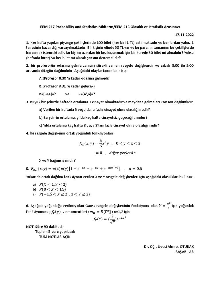 Eem 217 Probability and Statistics Midterm | PDF