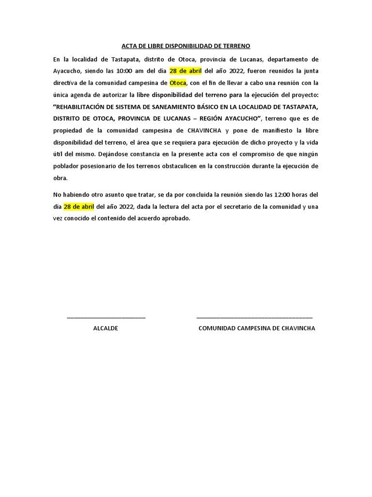 Acta de Libre Disponibilidad de Terreno | PDF