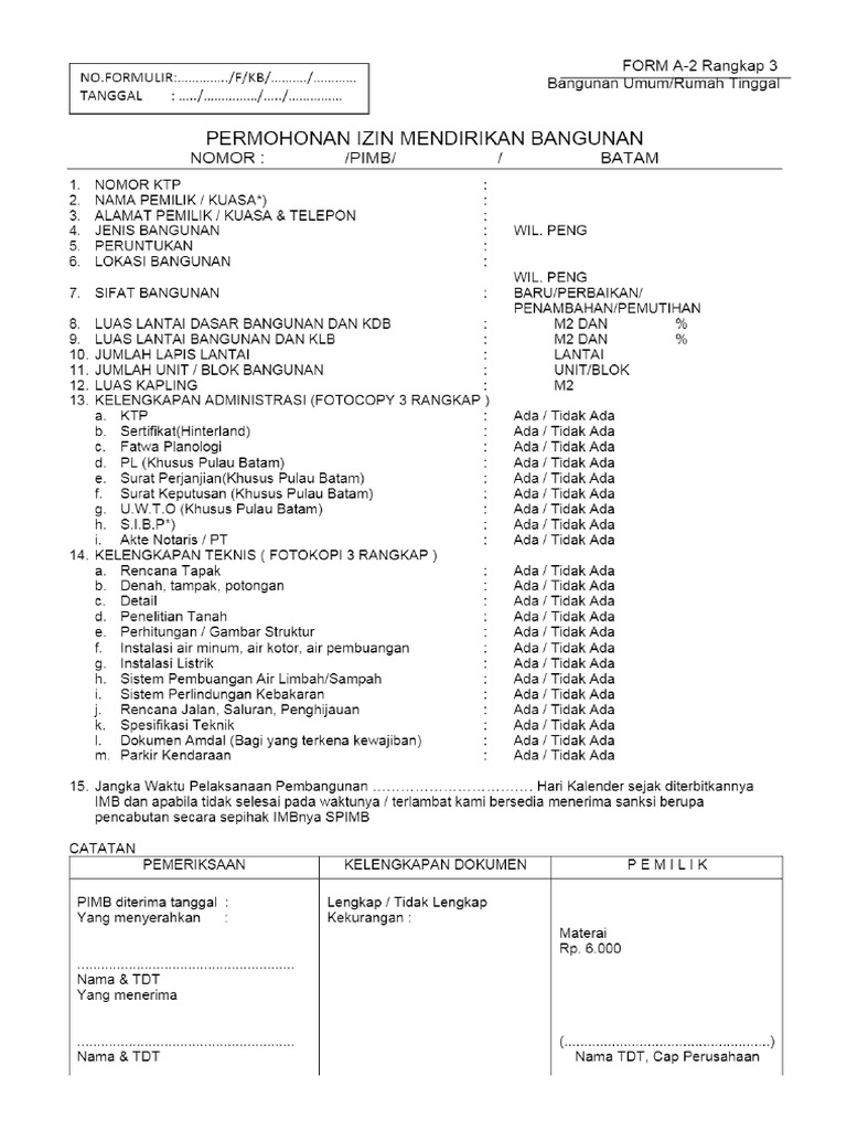 PERMOHONAN IZIN MENDIRIKAN BANGUNAN NOMOR - PIMB - BATAM - PDF Download ...