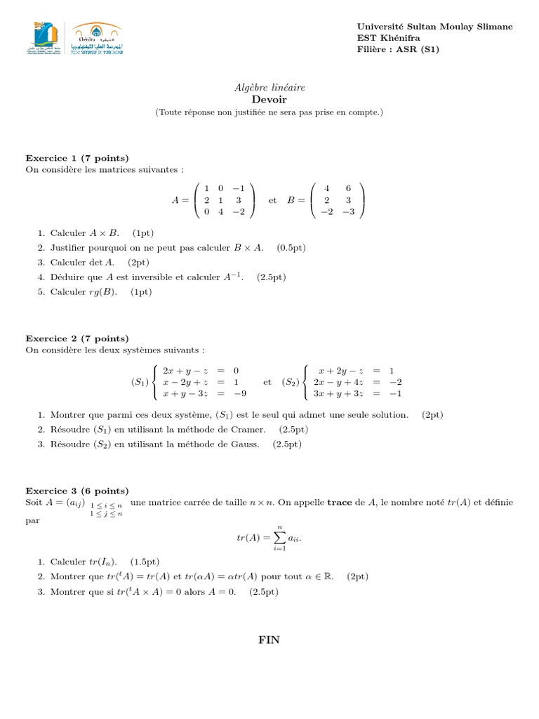 Devoir - Algèbre Linéaire | PDF
