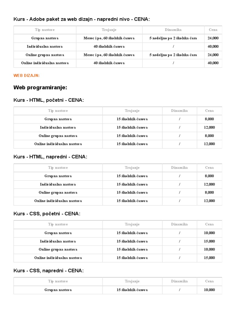 Cenovnik Kurseva I Obuka - Novi Sad - Akademija Oxford | PDF